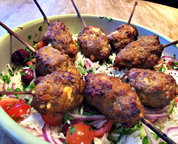 Spicy Lamb & Feta Skewers with Greek Brown Rice Salad - Fit4Mum